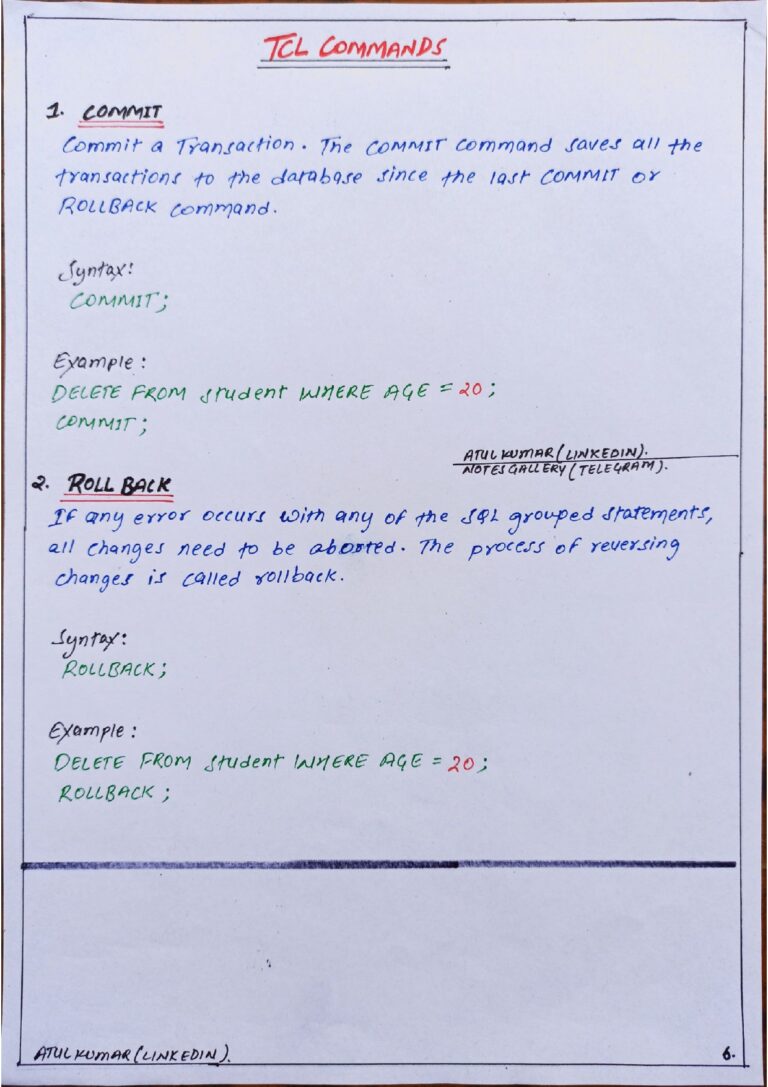 Sql Short Notes Handwritten Pdf It Connect4techs